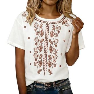 Generic Haut boh&egrave;me pour femme - Tunique en coton et lin brod&eacute; - Printemps &eacute;t&eacute; - Manches 3/4 - Vintage - Ample - &Eacute;l&eacute;gant - L&eacute;ger - Boh&egrave;me - Floral - Plage - V