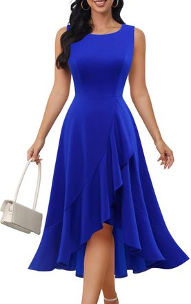 Dresstells Cocktaikleid Damen Hochzeitsgast Festliche Etuikleid Elegant Blaues Vintage Curvy Partykleid Hoch-Tief Abendkleid Kurz Sommer Schickes Swing Kleid Roy