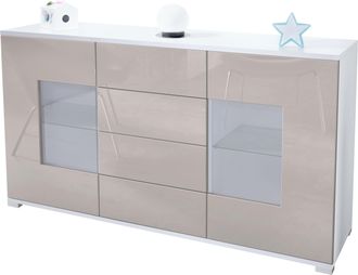 Vladon Sideboard Grömitz V1, Kommode mit 2 großen Türen und 4 Schubladen, Weiß matt/Sandgrau Hochglanz (138,5 x 75,5 x 35)