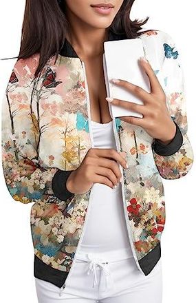 Generic Manteau pour Femmes Vestes Quotidiennes appropriées Veste zippée légère Manteau imprimé Fleuri col Montant vêtements de Sport Courts Coupe Vent Imperm