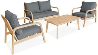 Sweeek salon de jardin en bois dacacia 4 places gris CARNOTA. coussins d&eacute;houssables. 2 fauteuils. 1 canap&eacute; 2 places et 1 table