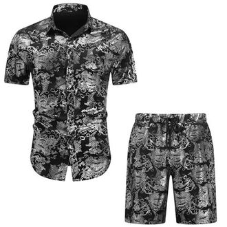 AlltheMen Chemises Homme Manches Courtes 2 Pi&egrave;ces Shirt Bouttons et Pantalon &eacute;t&eacute; Casual Tops Paisley Ensemble Hawa&iuml;enne Argent S