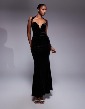 Tfnc Robe longue bandeau en velours &agrave; d&eacute;collet&eacute; coeur et d&eacute;tail encolure - Noir