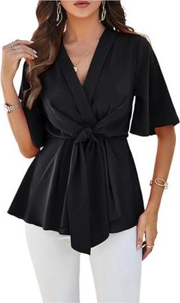 Generic Haut p&eacute;plum &eacute;l&eacute;gant &agrave; col en V pour femme - Manches courtes - Manches cloches - Manches mi-longues, Noir, L