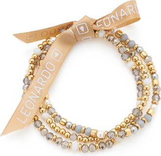 Leonardo Armband Bernadette - elastisches Armketten-Set aus goldfarbenem Edelstahl - filigran Perlen in grau- und wei&szlig;t&ouml;nen - 19,5 cm L&auml;nge - Schmuck Geschenk 