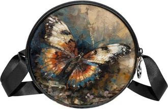 Generic Sac &agrave; bandouli&egrave;re rond pour femme, motif papillon vintage, petit sac &agrave; bandouli&egrave;re avec fermeture &eacute;clair, bretelles r&eacute;glables, sac &agrave; main rond d&eacute;contr
