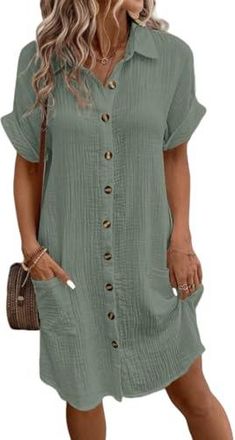 Generic Robe chemise d&eacute;t&eacute; en coton pour femme, manches courtes, boutonn&eacute;e, longueur genou, mini robe d&eacute;contract&eacute;e ample avec poches, Vert, 3XL