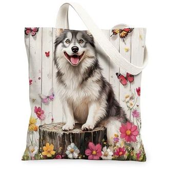 Generic Sac fourre-tout en toile motif chien malamutes du printemps de lAlaska 33 x 38,1 cm, sac d&eacute;picerie r&eacute;utilisable pour femme, motif animal de compagnie,