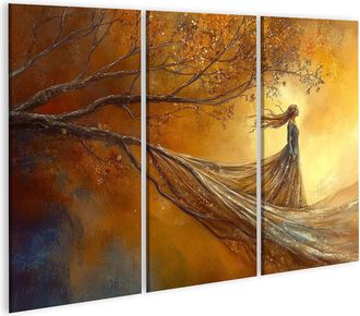 Islandburner Bild auf Leinwand Frau im Herbstwind unter einem Baum mit goldenen Blättern Bilder Wandbilder Poster