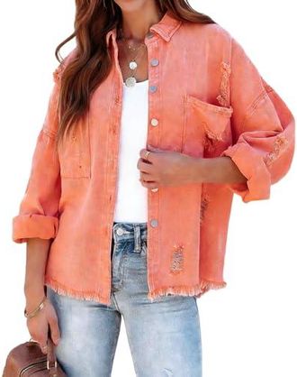 Generic Veste en jean d&eacute;chir&eacute;e pour femme avec trous us&eacute;s et ourlet brut &agrave; manches longues, Orange, XL