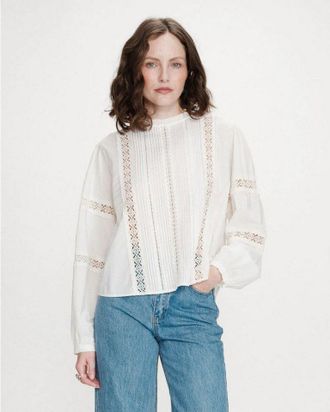 Grace & Mila Langarmbluse Ruffled-collar blouse Velma - Wei&szlig;e Baumwollbluse - Bluse mit R&uuml;schenk