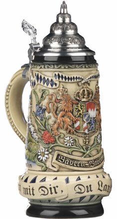 King Bierkrug rustikaler Bayern Seidel, Staatswappen vorn, seitlich M&uuml;nchen und Neuschwanstein, Motto Gott mit Dir, Du Land der Bayern 0,5 Liter Bierseidel