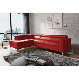 Loftscape home24 Ecksofa Adamo mit Schlaffunktion Rot/Rot Echtleder Mabel 286 x 78 x 208cm Ottomane davorstehend links mit Schlaffunktion Modern