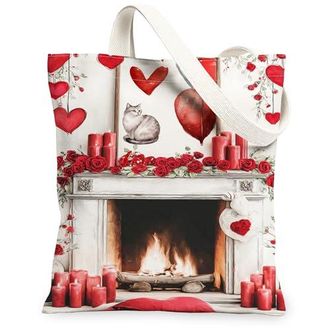 Generic Sacs fourre-tout r&eacute;utilisables en toile pour la Saint Valentin, motif coeurs damour, sacs d&eacute;picerie vintage, l&eacute;gers et lavables, Rouge, 13x15 Inch
