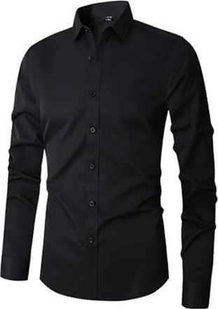 Generic Chemise &eacute;lastique &agrave; manches longues pour homme - Sans repassage - Manches longues - Revers - Couleur unie - Bouton - Chemise l&eacute;g&egrave;re &agrave; manches longues 