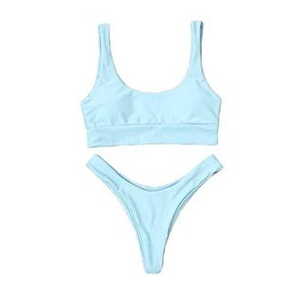Generic Ensemble bikini push-up deux pi&egrave;ces pour femme - Rembourr&eacute; - Taille haute - Col en V - Maillot de bain de vacances - V&ecirc;tements de vacances, bleu, XL