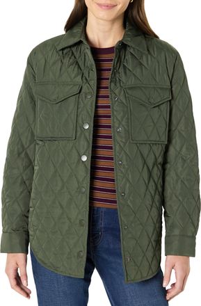 Amazon Essentials Damen Lange Relaxed-Fit-Steppjacke mit Druckkn&ouml;pfen, Dunkles Olivgr&uuml;n, XXL