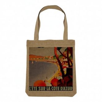 Fabulous Sac Shopping Tote Bag Aspect Lin - Ete Sur la Cote DAzur Affiche Poster Vintage Voyage Art Deco 30s - Sac de Courses Toile Epaisse 360g Beige Naturel 