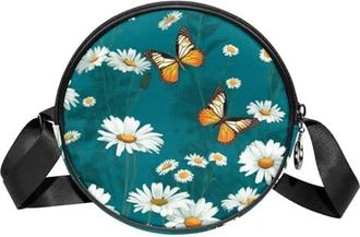 Generic Sac &agrave; bandouli&egrave;re rond pour femme, marguerites et papillons, petit sac &agrave; bandouli&egrave;re avec fermeture &eacute;clair, bretelles r&eacute;glables, sac &agrave; main rond d&eacute;con
