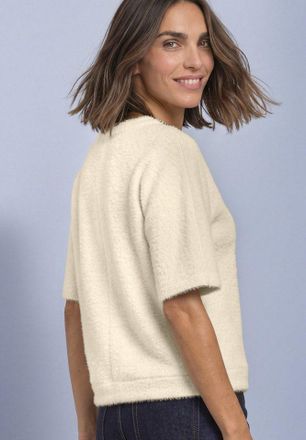 Street One Kurzarmpullover Pl&uuml;sch-Shirt mit Rundhals und Schmucksteinen