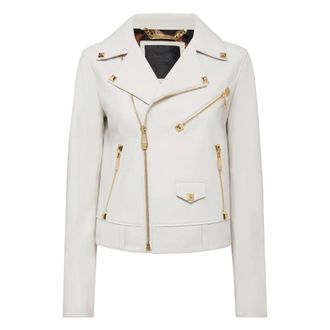 Philipp Plein Femme, Vestes, Blanc, Taille: 36 FR Leather Biker Studs