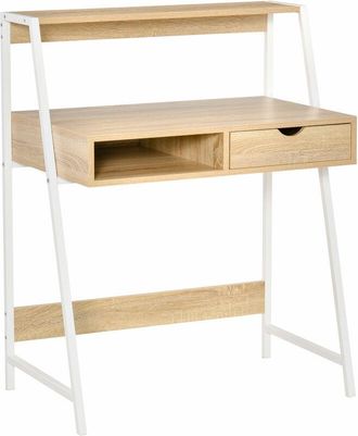HOMCOM Homcom - Bureau secr&eacute;taire bureau informatique style n&eacute;o-r&eacute;tro tiroir niche &eacute;tag&egrave;re m&eacute;tal blanc aspect ch&ecirc;ne clair