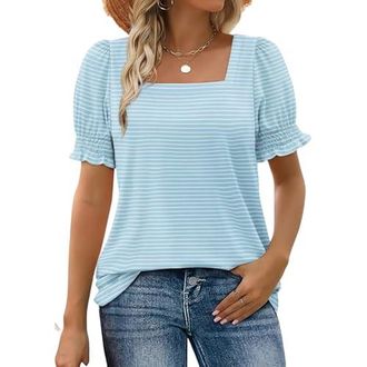 Generic T-shirt d&eacute;contract&eacute; &agrave; col carr&eacute; et manches smock&eacute;es pour femme, haut habill&eacute; et d&eacute;contract&eacute; &agrave; manches volant&eacute;es, Motif rayures Bleu clair, XXL