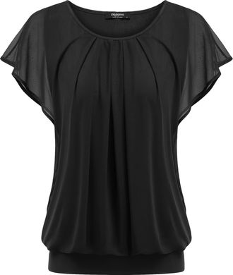 Zeagoo Damen Chiffon Bluse Fledermausärmel Casual Shirts Doppellagiges Hemd Einfarbig/Blumen Sommer Schwarz XL