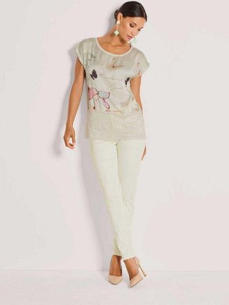 Madeleine Print-Shirt Sommershirt mit Schmetterlings-Print Druckshirt mit Rundhals, Spitzensaum und Kurzarm