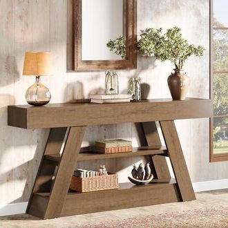 Tribesigns Farmhouse Table console rustique 160 cm avec espace de rangement &agrave; 3 niveaux Table dentr&eacute;e industrielle en bois pour couloir, salon, marron