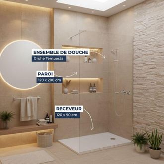 GROHE Dusch-Komplettset - Walk-In Duschwand 120x200 Chrom + Grohe Tempesta 3 Strahlarten + Gussmarmor-Duschwanne Wei&szlig; 120x90