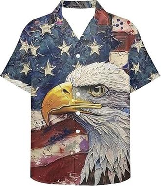 Keephen kewing Patriotique Drapeau USA Chemises Hommes/Femmes Aigle/Loup Impression 3D Chemise Hawaiienne Chemise &agrave; Boutons Cool Plage Vacances Col &agrave; Revers H