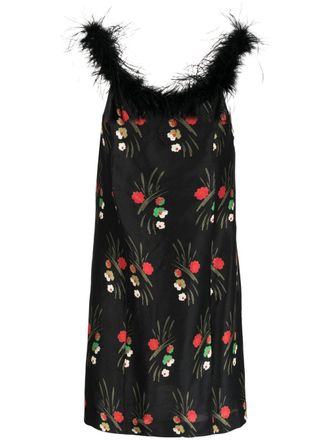 Rixo robe fleurie &agrave; bord en plumes - Noir