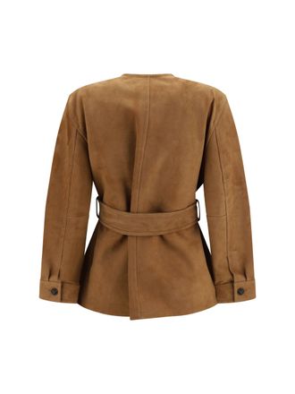 Max Mara Womens Suede Leather Jacket With Belt Cammello Lamb