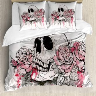 Abakuhaus Tag der Toten Bettbezug Set, Sch&auml;del-Kopf-Rosen, Milbensicher Allergiker geeignet mit Kissenbez&uuml;gen, 155 cm x 200 cm - 80 x 80 cm, Wei&szlig; Hellrosa Schwa