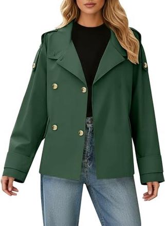 Generic Trench court grande taille, veste &agrave; double boutonnage avec col montant, v&ecirc;tements de travail d&eacute;contract&eacute;s, l&eacute;ger, Vert fonc&eacute;., XXL