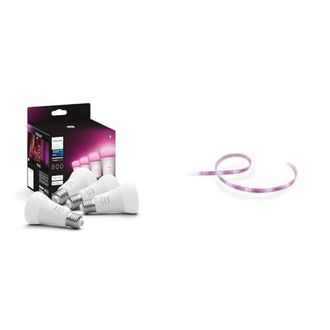 Philips Hue White & Color Ambiance E27 LED Lampen 4-er Pack (806 lm) & White & Color Ambiance Lightstrip Plus Basis-Set V4 (2 m)