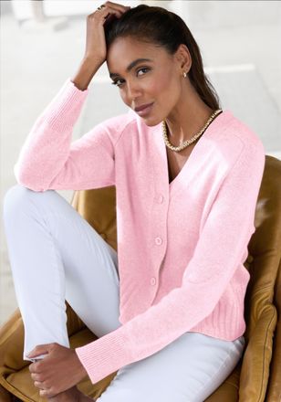 Lascana Strickjacke LASCANA, Damen, Gr. 32/34, blau (ros&eacute;), Strick, Obermaterial: 100% Kaschmir, unifarben, figurumspielend h&uuml;ftlang, V-Ausschnitt, Rippstrick