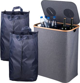 Relaxdays Pfandflaschen Sammelbehälter, 140 L, bis 60 Flaschen, 2 Innenbeutel, Flaschensammler für Glas & Plastik, grau