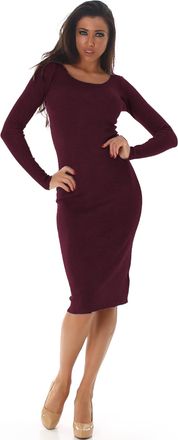 Voyelles Damen Midi Strick Kleid Pulloverkleid Knielang Etui Stretch Langarm, Weinrot Bordeaux 36-38