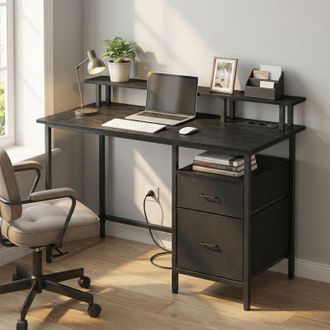 Vasagle Bureau de Travail, Support d&Eacute;cran, Tiroirs en Tissu, Station de Charge, 120 x 60 cm, Noir