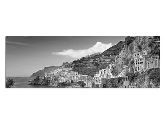 Paul Sinus Art Leinwandfoto als Panorama SCHWARZ/WEISS 120x40cm Italien Amalfi Meeresstadt Berge Meer Boote