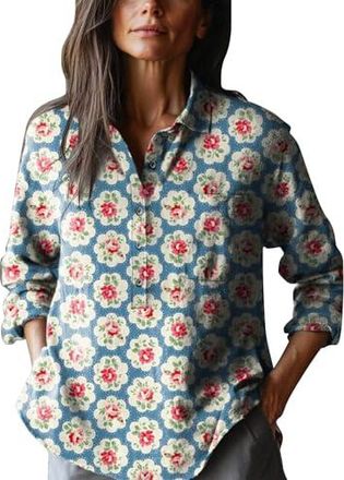 Generico Chemise Femme Curvy &agrave; Manches Longues T Shirt Coton Et Lin &Eacute;l&eacute;gant Grande Taille Blouse Col en V Classique Chemises Vintage Imprim&eacute; avec Boutons Doux 