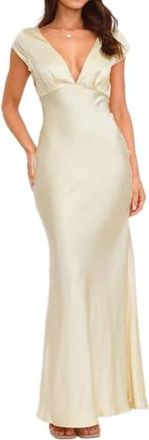 Generic Robe de soirée en Satin pour Femme, col en V, Manches Courtes, Dos Nu, Longue, élégante, torsadée, découpée, été