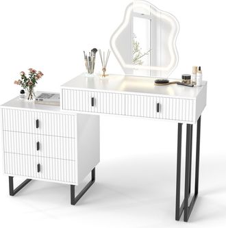 Giantex Schminktisch mit LED-Spiegel in 3 Farben, Frisiertisch mit 5 Schubladen, 2 Ablagen, Einstellbarer Beleuchtung, Moderner Makeup Desk f&uuml;r Schlafzimmer &