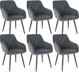 Woltu 6er Set Esszimmerst&uuml;hle mit Armlehne R&uuml;ckenlehne, Stuhl im Esszimmer mit Samtbezug, bequemer Polsterstuhl, K&uuml;chenstuhl mit Metallbeinen, Dunkelgrau