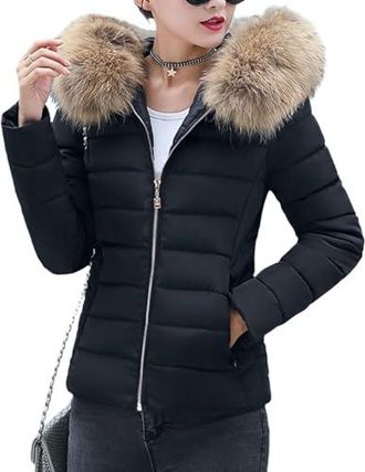 Generic Veste &agrave; capuche en fausse fourrure pour femme, manteau court et chaud, v&ecirc;tement dhiver l&eacute;ger et matelass&eacute;, avec poches, noir, taille M