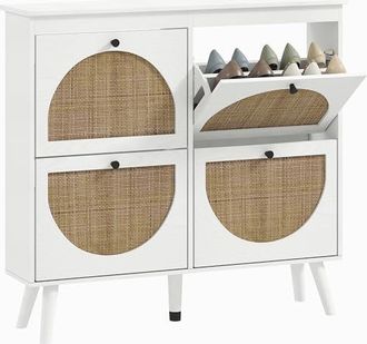 HOMCOM Meuble &agrave; Chaussures Armoire &agrave; Chaussures 4 abattants 20 Paires avec &eacute;tag&egrave;re r&eacute;glable Style boh&egrave;me Pieds en Bois Massif 105 x 24 x 97,5 cm Blanc
