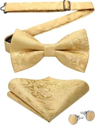 Hisdern Noeud Papillon Homme Or Paisley Noeuds Papillon avec Mouchoir de Manchette Boutons Ensemble Pr&eacute;-nou&eacute; Noue Papillon pour Mariage Fete