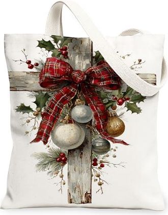 Generic Sacs fourre-tout en toile &agrave; motif floral de No&euml;l, sacs r&eacute;utilisables, l&eacute;gers et lavables avec bandouli&egrave;re, blanc, 13x15 Inch